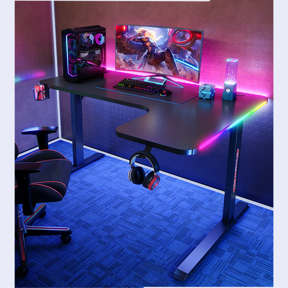 Large Right Corner Gaming Desk with RBG LED Lights Carbon Fiber Surfac ...